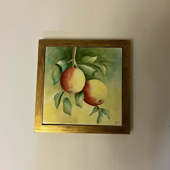 Art | Vintage Handpainted Apple Tile Wall Art In Gold Wood Frame Signed ...